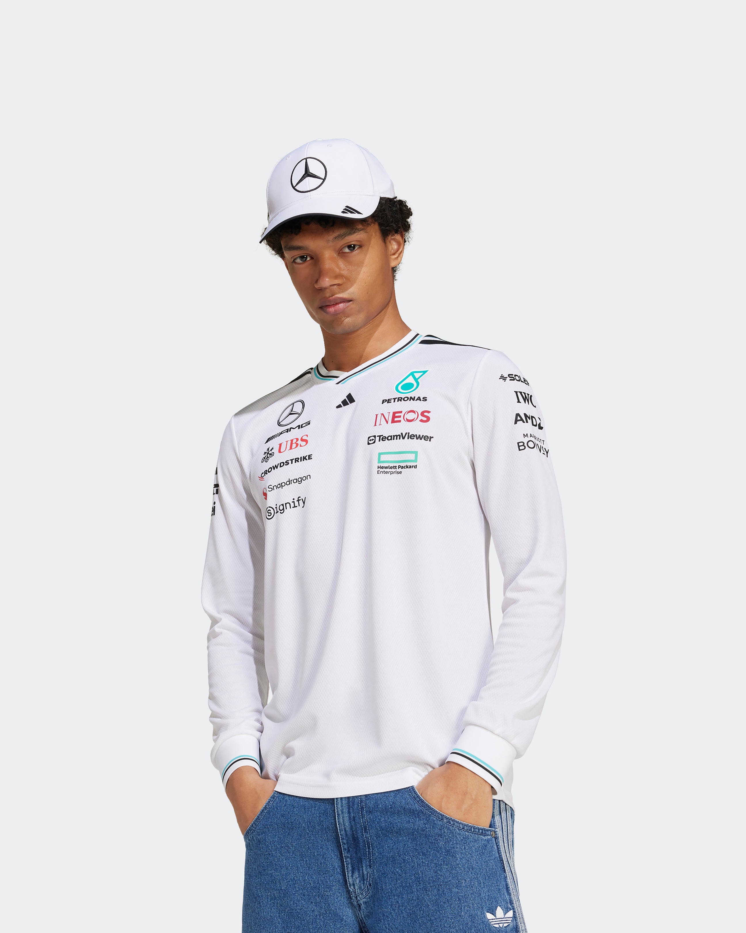 Mens 2025 Authentic Long Sleeve Driver Tee White | Official Mercedes ...